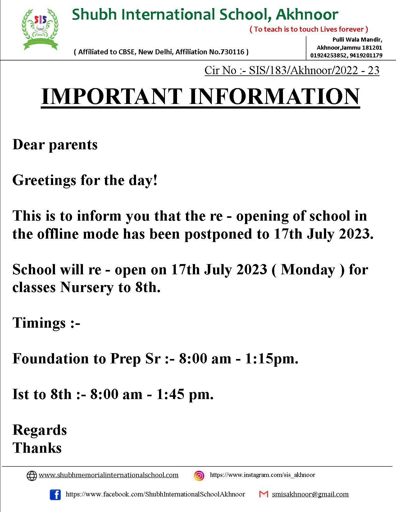 School Notice – Shubh International School, Akhnoor